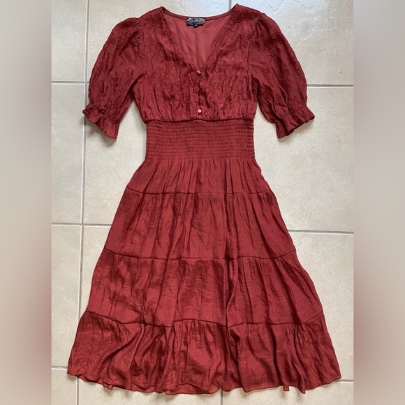 J Gee | Dresses | J Gee Brick Red Embroidered Tiered Smocked Waist Boho ...